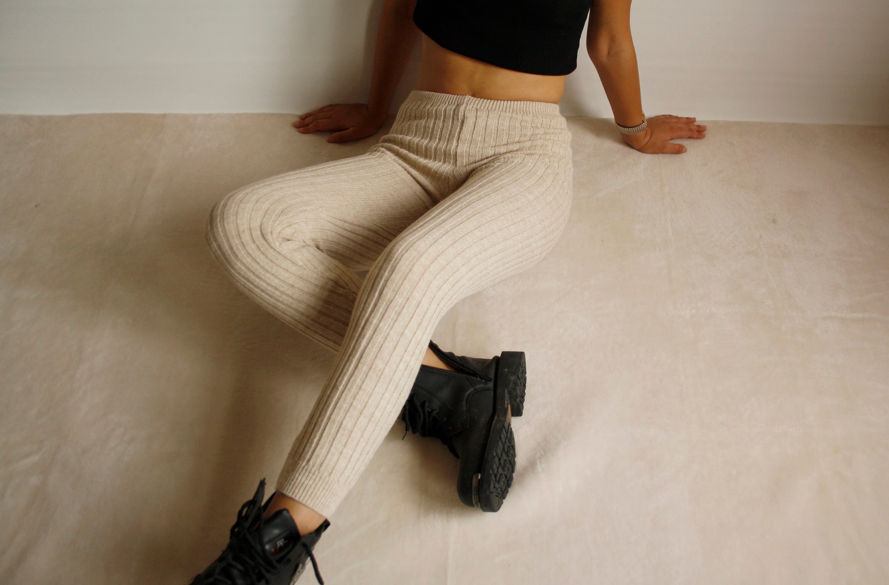 Beige Ribbed Knitted Stretch Leggings Workout Leggings | Etsy