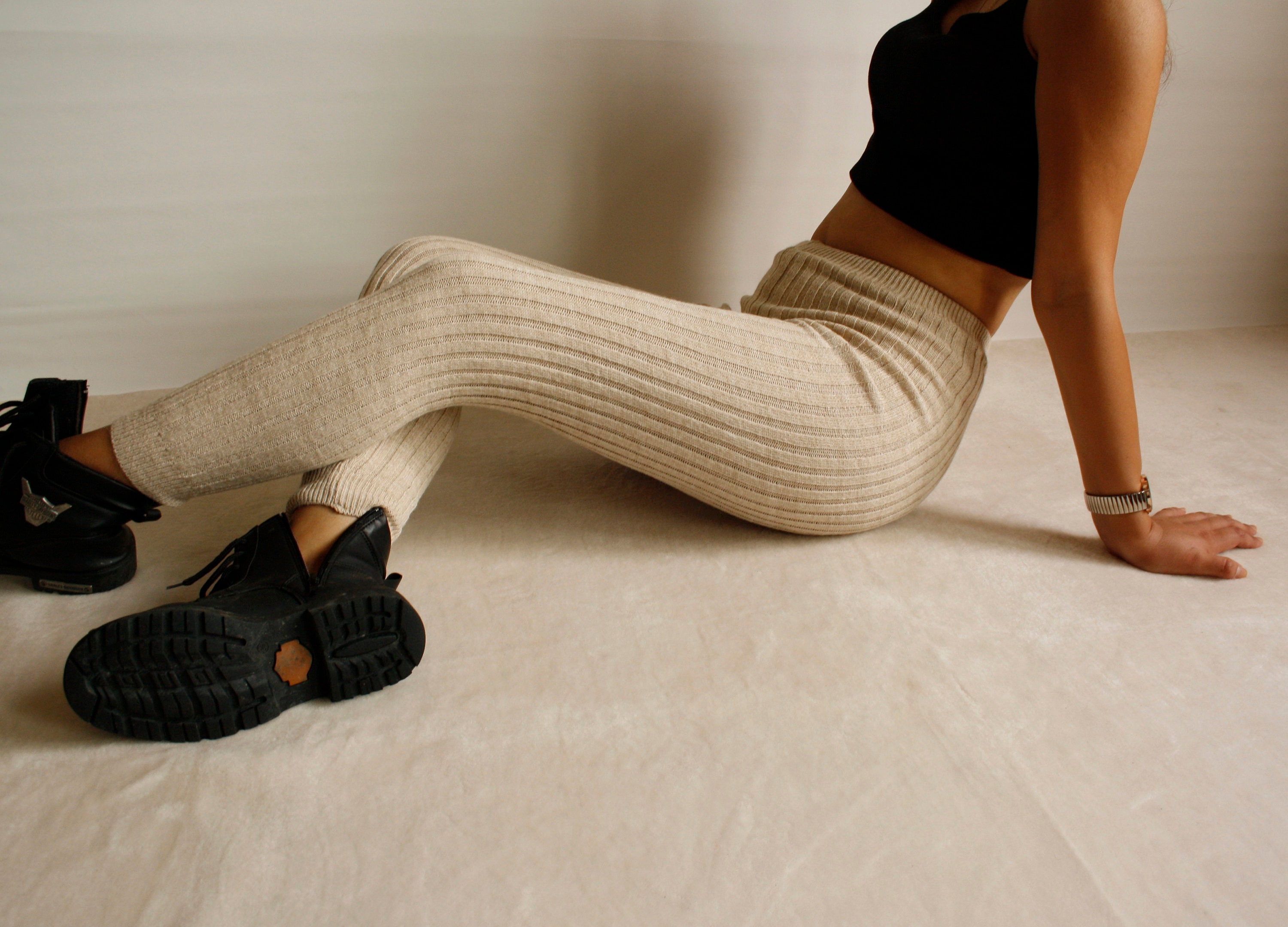 Beige Ribbed Knitted Stretch Leggings Workout Leggings | Etsy