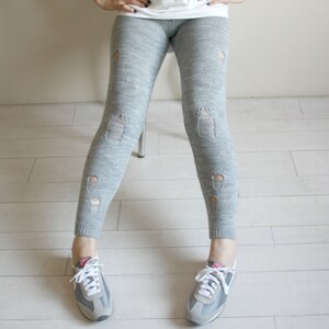 Silver Gray Knitted Stretch Ripped Leggings, Clothing Gift, Leggings ...