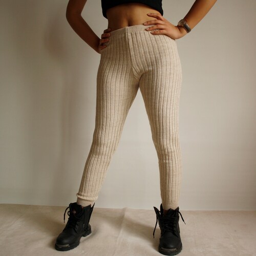 Beige Ribbed Knitted Stretch Leggings Workout Leggings | Etsy
