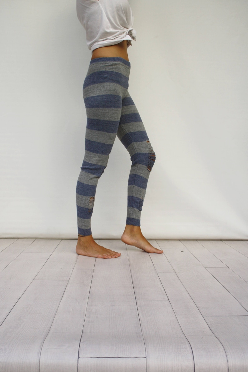 Denim Blue and Gray Knitted Striped Ripped Stretch Leggings | Etsy