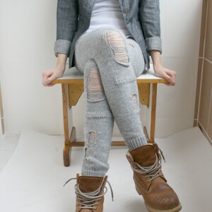 Silver Gray Knitted Stretch Ripped Leggings, Clothing Gift, Leggings ...