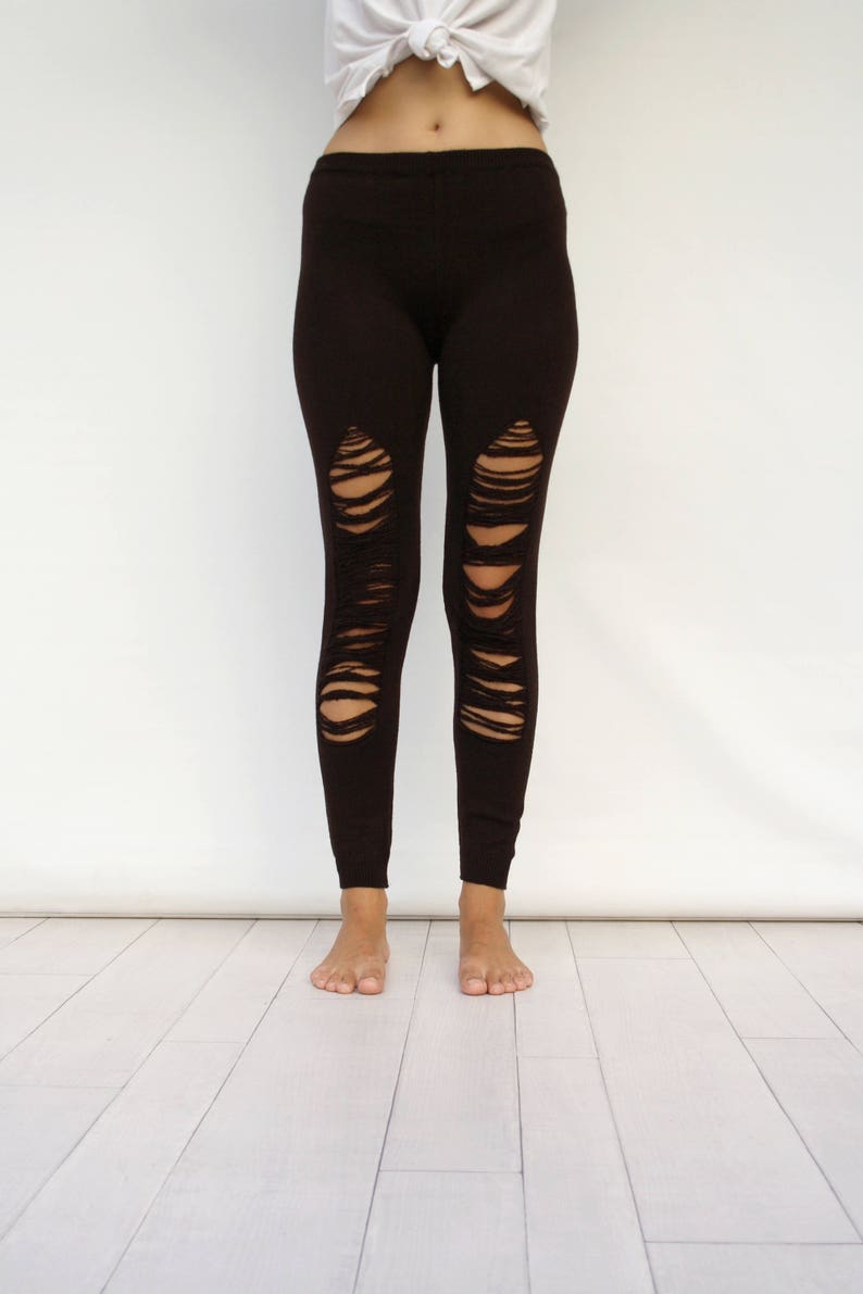 Brown Knitted Ripped Big Hole Leggings Dancing Leggings Yoga Etsy