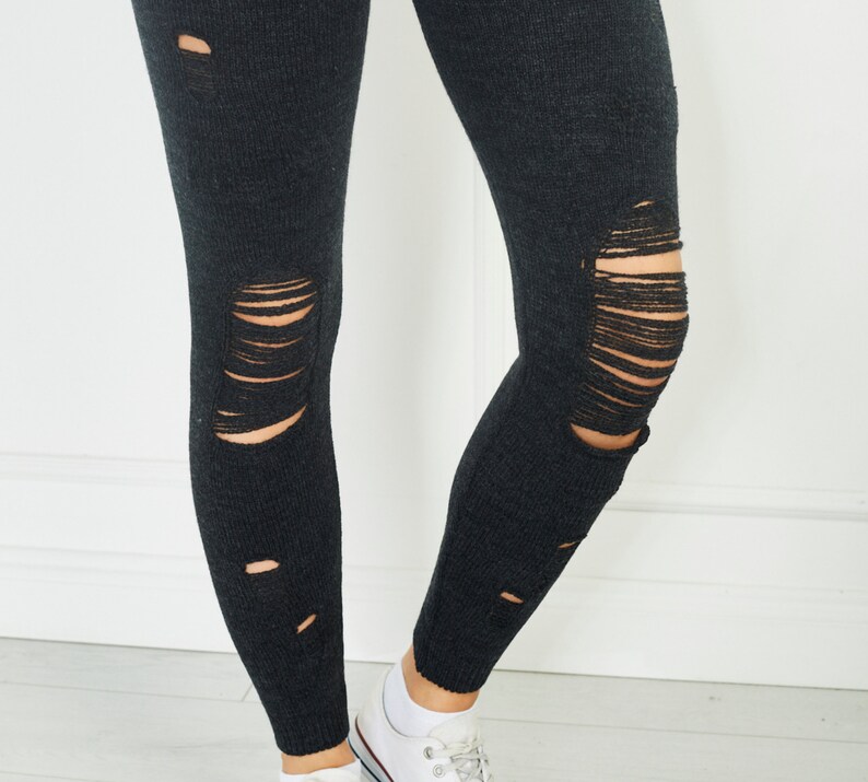 Charcoal Gray Knitted Ripped Stretch Leggings Leggings for - Etsy