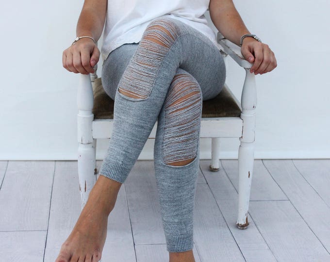 Ripped Leggings, Gray Big Hole Knitted Ripped Leggings, Dancing ...