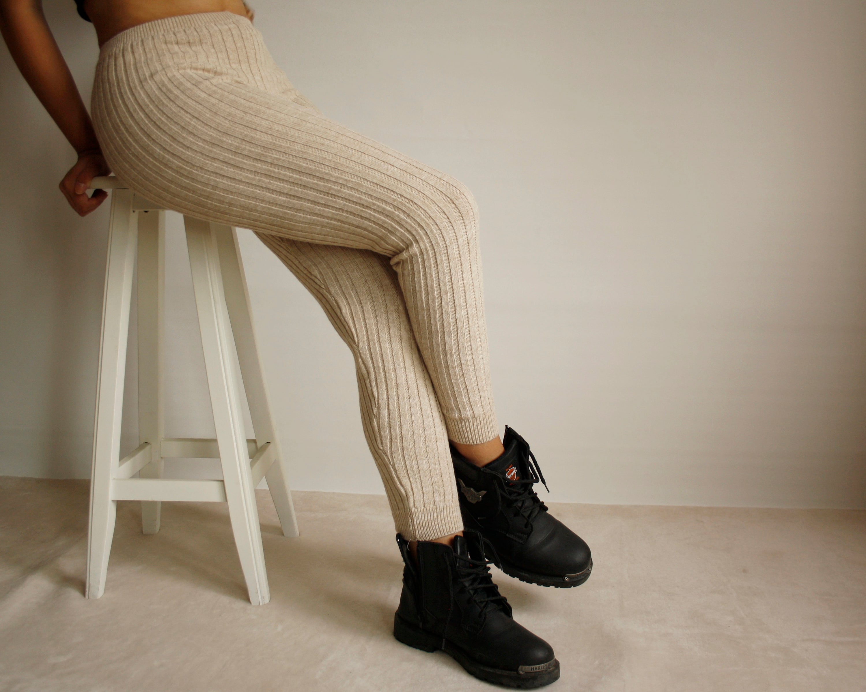 Beige Ribbed Knitted Stretch Leggings Workout Leggings | Etsy