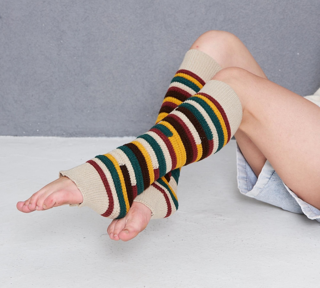 Striped Knitted Leg Warmers: Beige, Green, Brown - Yoga, Dance - Etsy