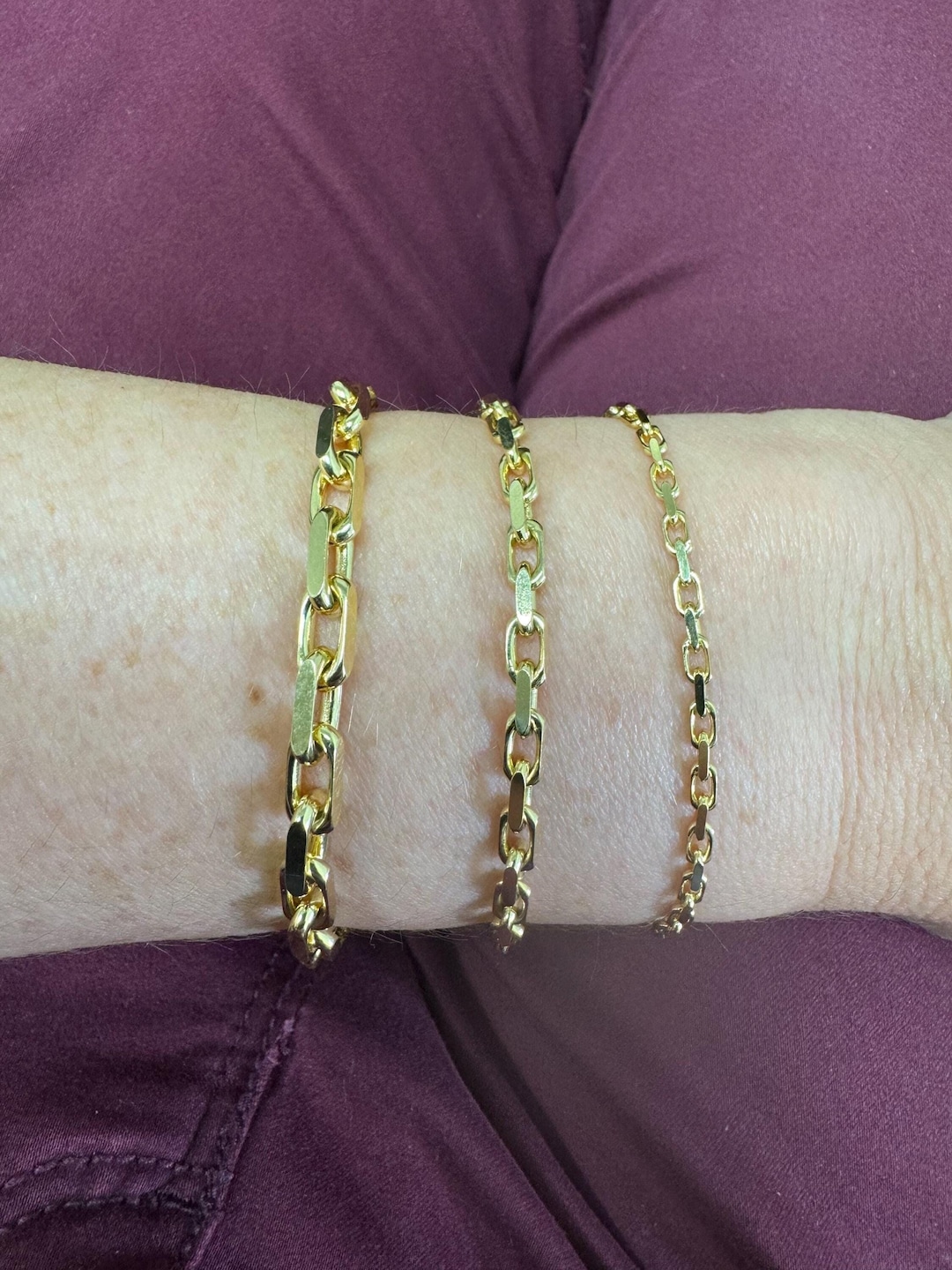 Solid 14K Yellow Gold French Cable Chain Bracelet, Rectangle Links ...