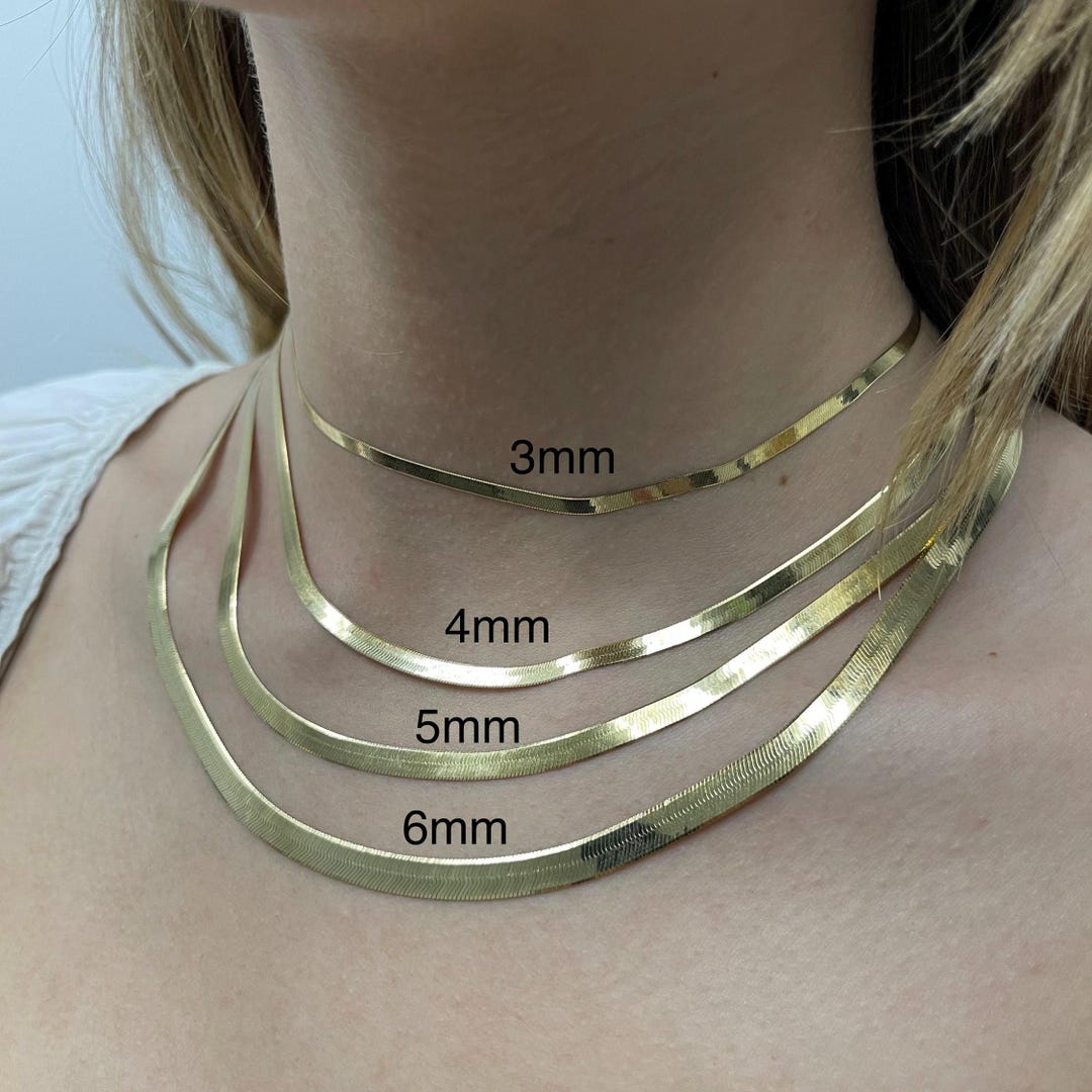 Herringbone Necklace, 14K Solid Gold Chain, Yellow Gold Jewelry, Flat ...