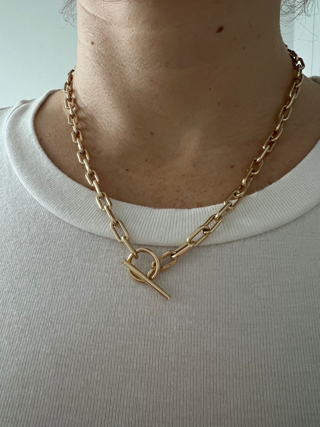 Gold Paperclip Necklace, 14K Gold Toggle Necklace, Real Gold Chain ...