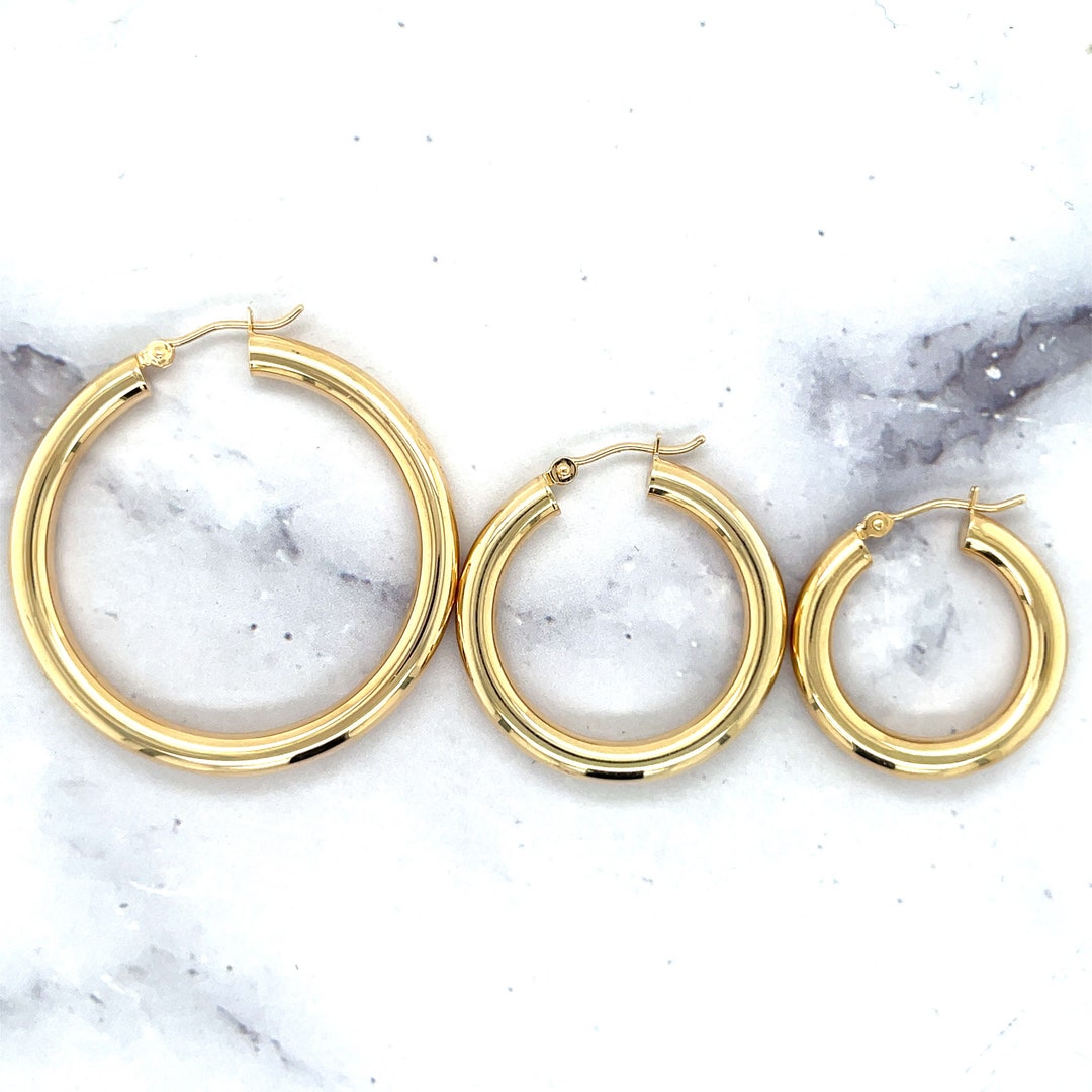 14K Yellow Gold 25mm 30mm 40mm Hoop Earrings With Hinged Clasp, 4mm ...