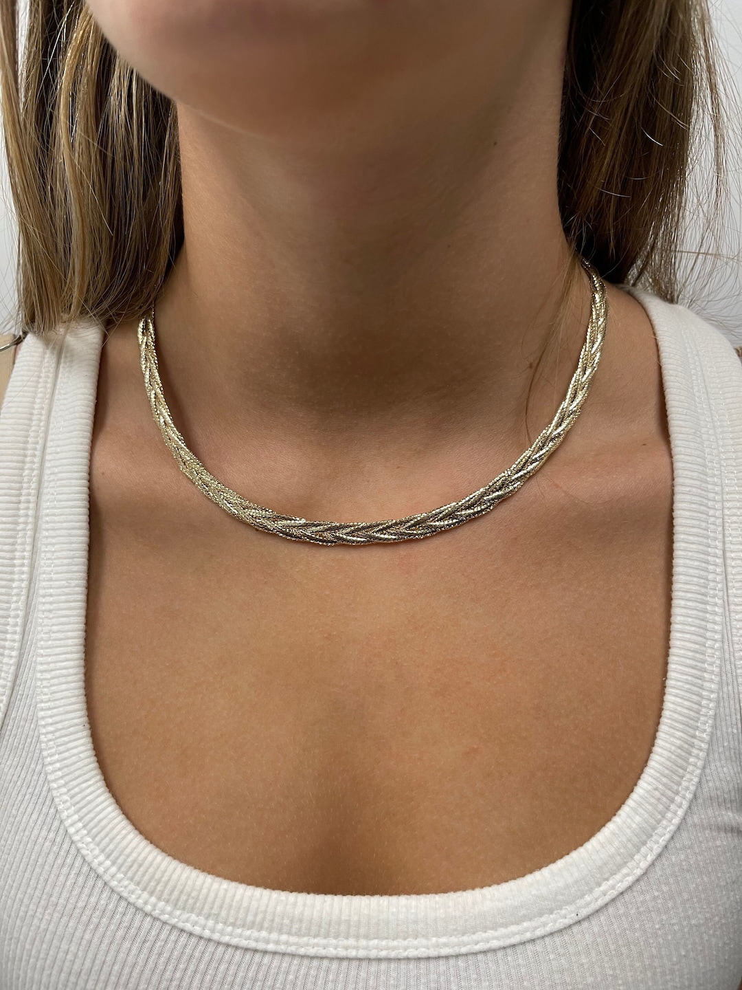 14K Yellow Gold 18" Textured Woven Necklace, 6mm Wide, Braided Chain ...