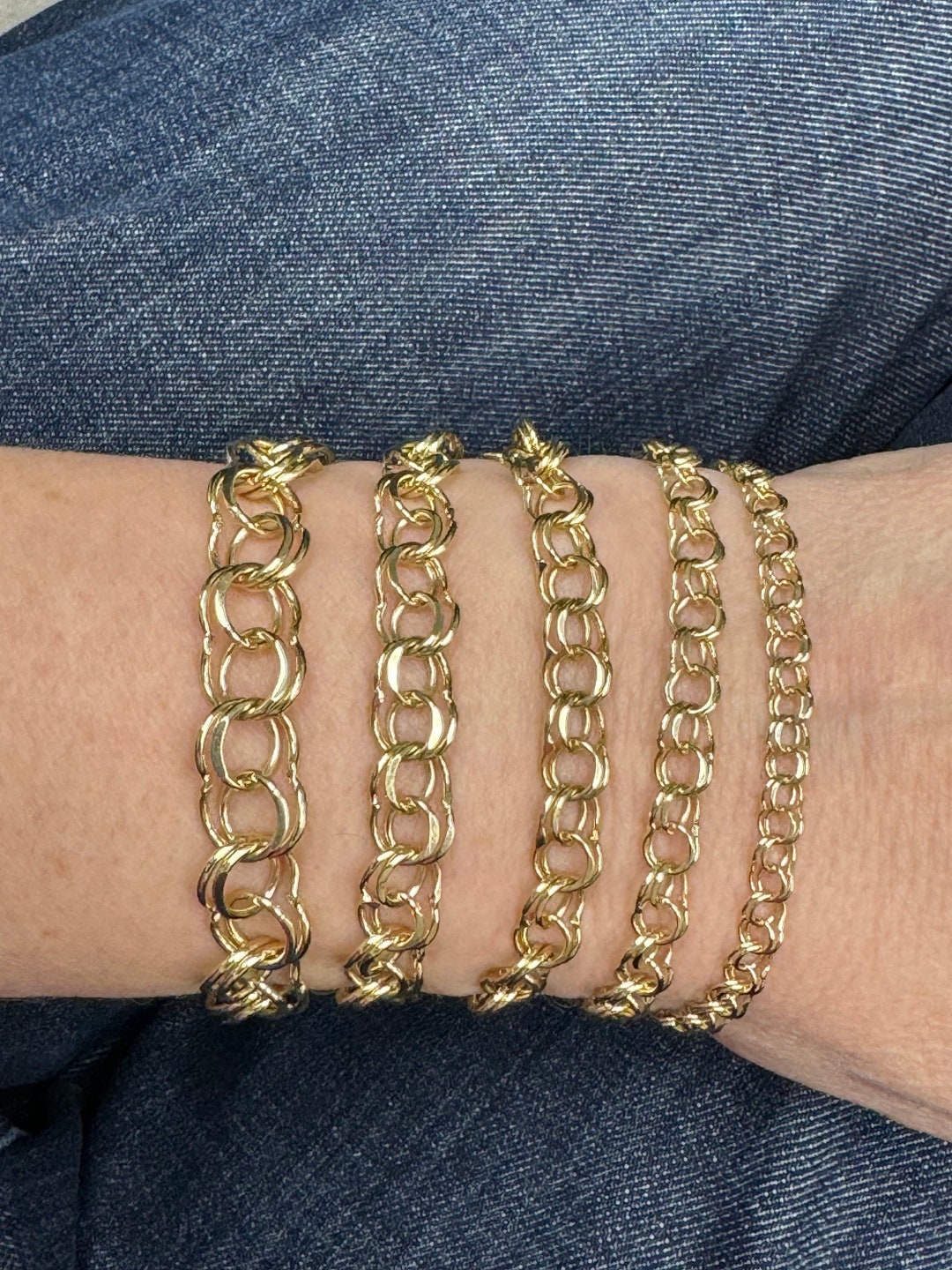 Solid 14K Yellow Gold 3mm 5.5mm 7mm 8mm 10mm Double Link Charm Bracelet ...