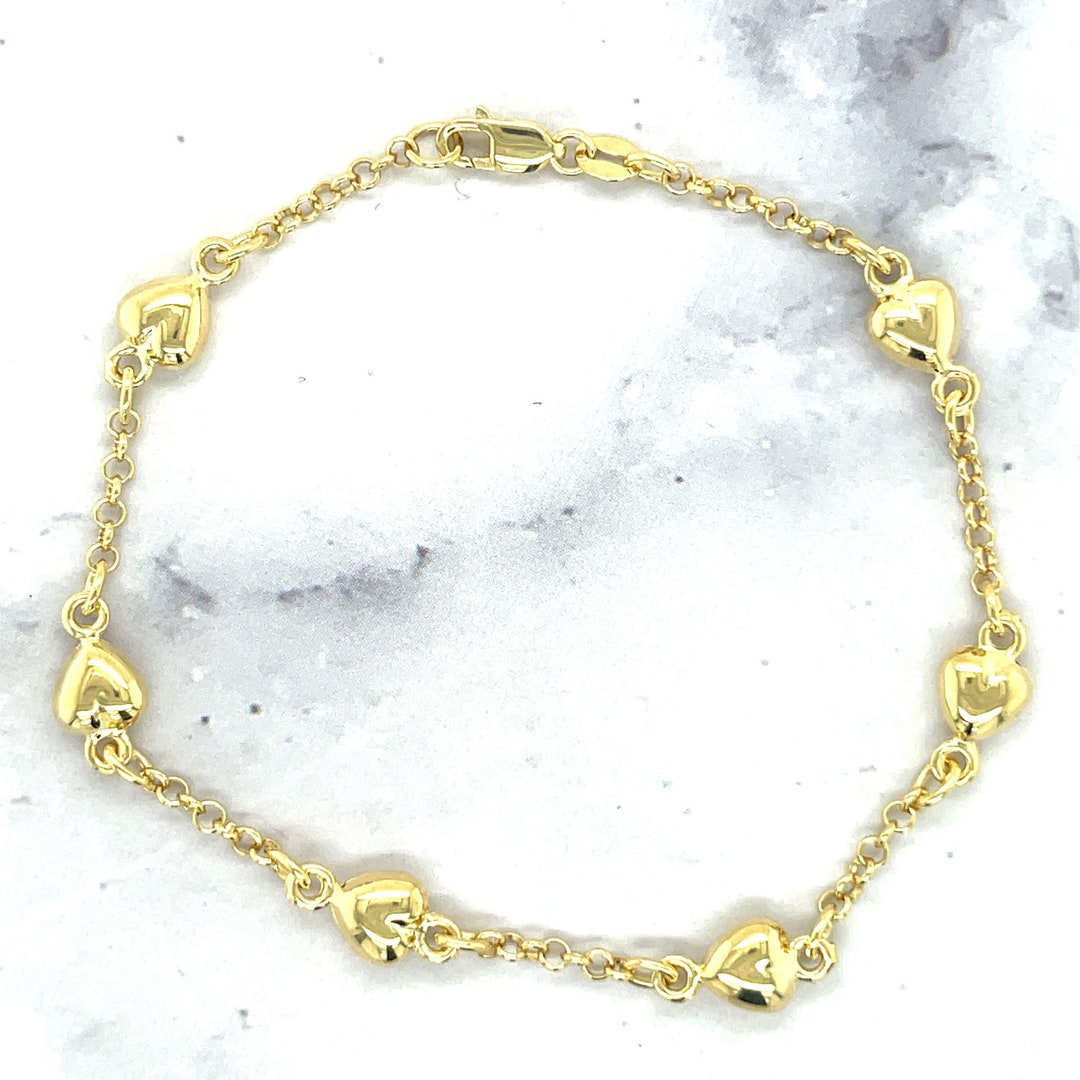 14K Yellow Gold 10 Puffed Heart Station Anklet, Real Gold Anklet, Body ...