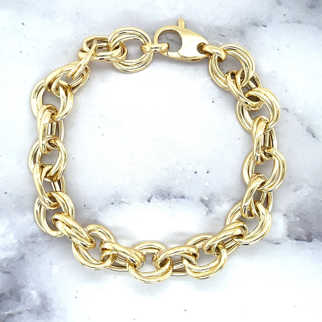 14K Yellow Gold Chunky Bracelet, 8 Polished Round Double Link ...