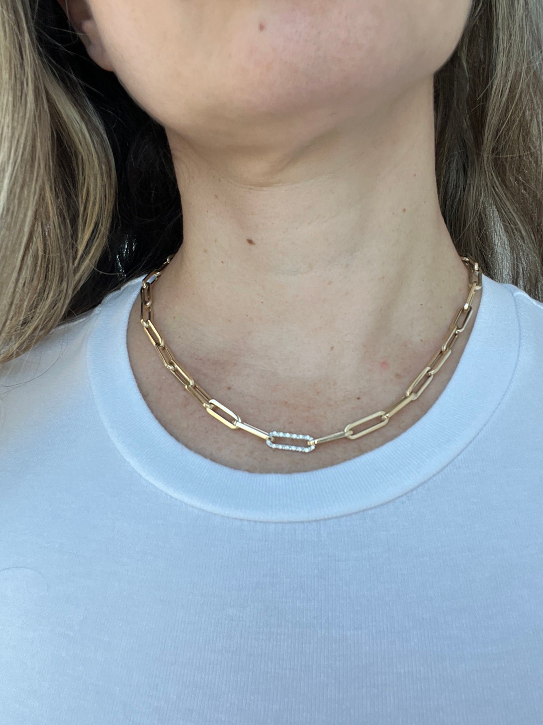 14K Yellow Gold Paperclip Necklace With One Diamond Link 0.30 Carat ...