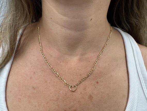 14K Yellow Gold 18 Figaro Heart Charm Necklace 3.6mm Wide Women Necklace Hearts Real Gold Chain Gift for Her Etsy