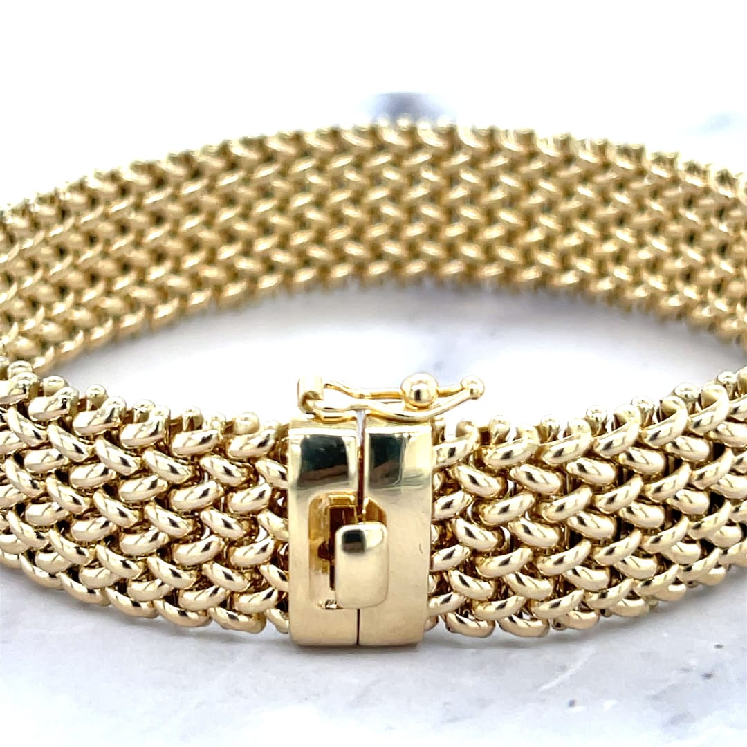 14K Yellow Gold Thick 7 Mesh Woven Bracelet, 14.5mm Wide, Braided ...