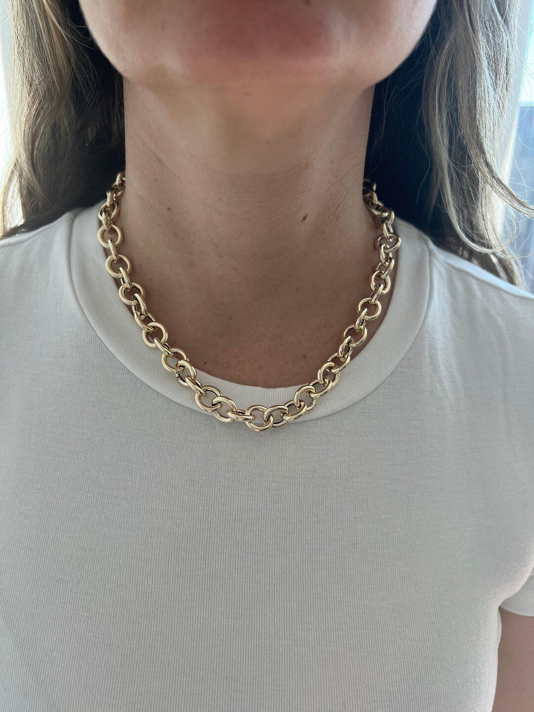 14K Yellow Gold 12mm Round Link Necklace With Push Lock Clasp, 18" Real ...