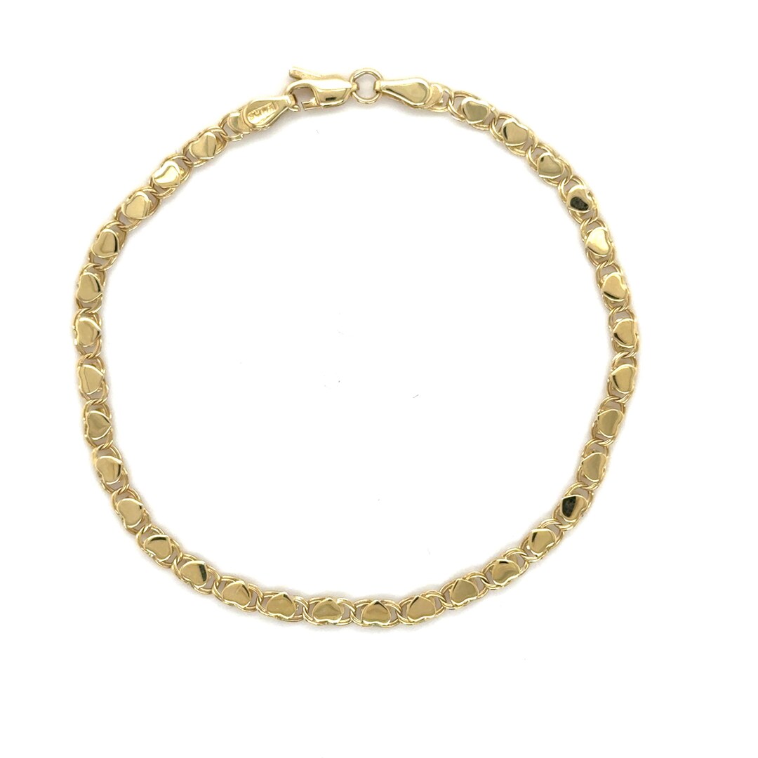 Solid 14K Yellow Gold Heart Chain Anklet, Lobster Lock, 10