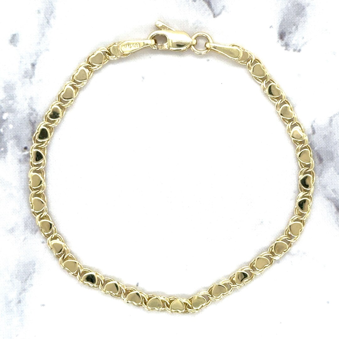 14K Solid Gold Bracelet, Heart Link Bracelet, Gold Bracelets for Women ...