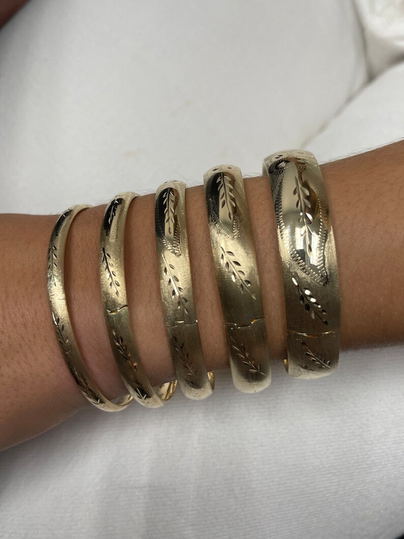 14K Yellow Gold 5mm 6mm 8mm 10mm 13.5mm Floral Leaf Bangle, Floral ...