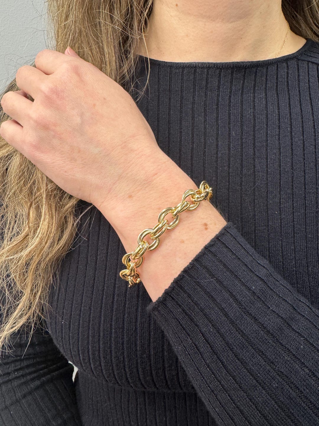 14K Yellow Gold Chunky Bracelet, 8" Polished Round Double Link ...