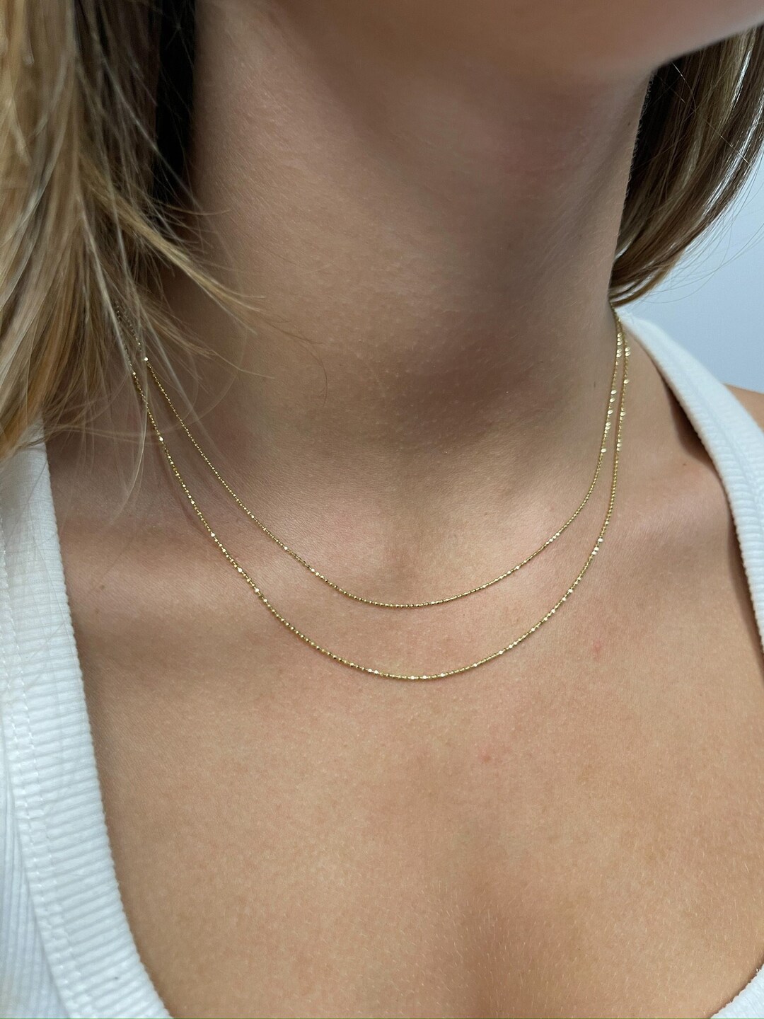 Solid 14K Yellow Gold Diamond Cut Bead Chain Necklace, 16" 18" 20 ...