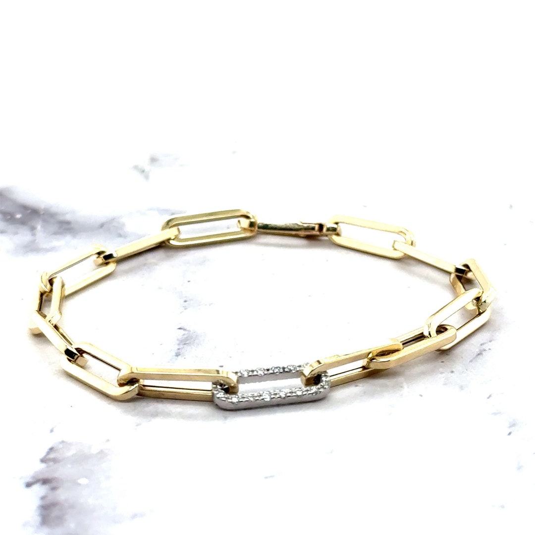 14K Yellow Gold Paperclip Diamond Link Bracelet, 7.5 With One Link 0 ...
