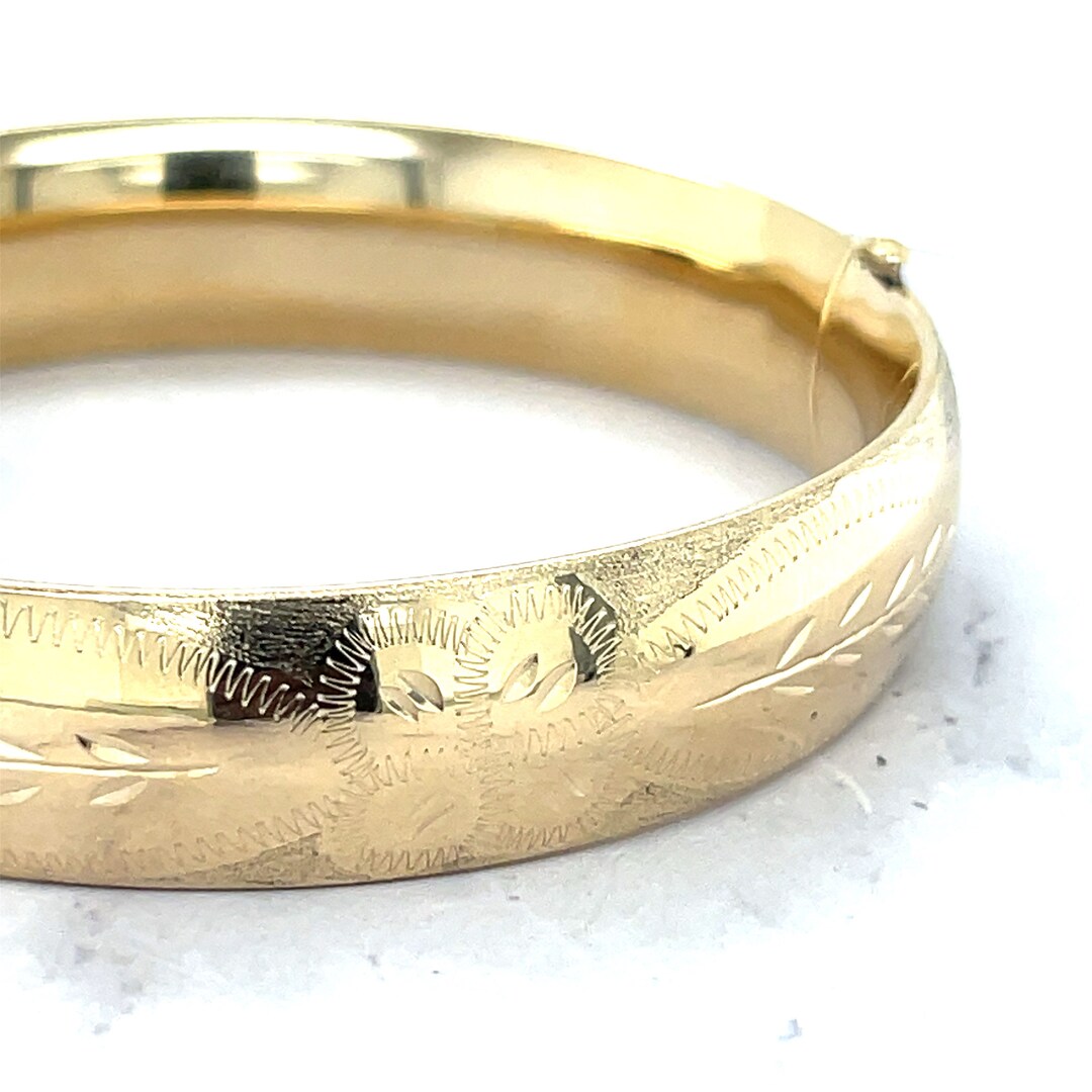 14K Yellow Gold 13.5mm Floral Leaf Bangle, Floral Pattern, 7 8 Bangle ...