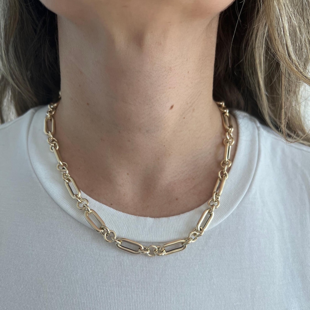 14K Yellow Gold Necklace, Alternating Paperclip Necklce, Interlocking ...