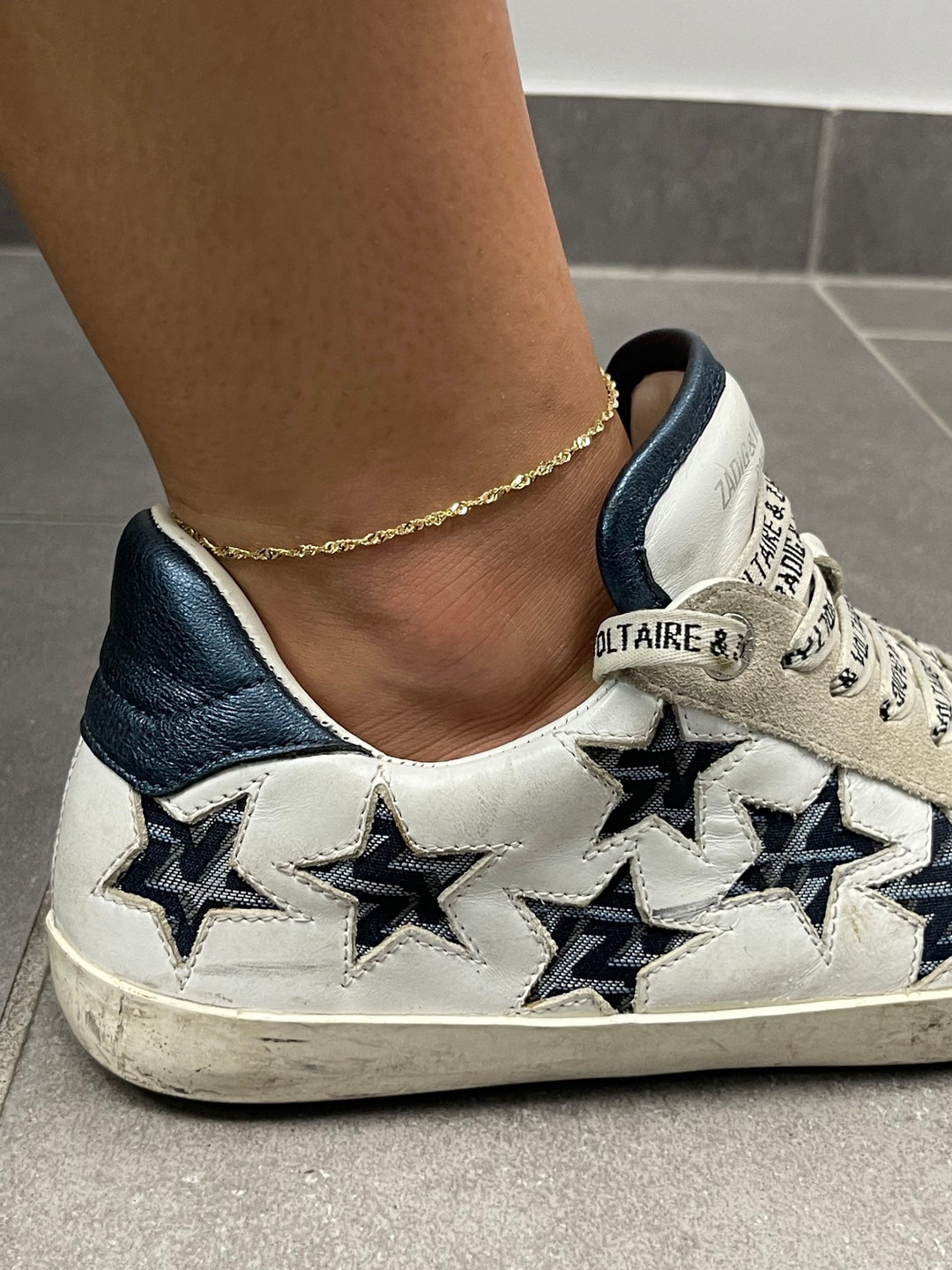 Solid 14K Yellow Gold 2.1mm Singapore Chain Anklet, 7" Dainty Twisted ...