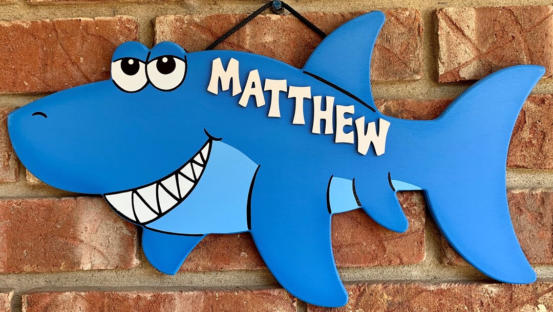 Funny Ocean Shark Sign -personalized Kids Room Baby Shark Lovers Blue ...