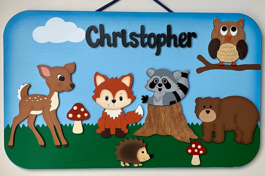 Forest Friends Hand Painted Wooden Decorative Kids Room Sign Woodland ...