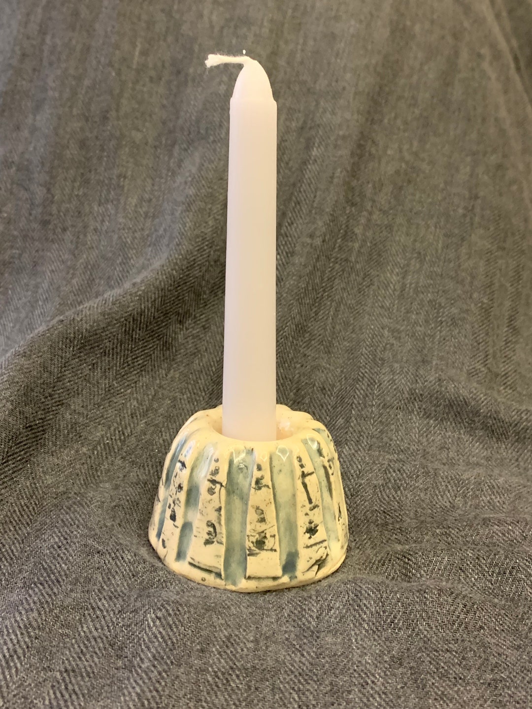 Pottery Candle Holder for Taper Candle Wedge Blue Edging - Etsy