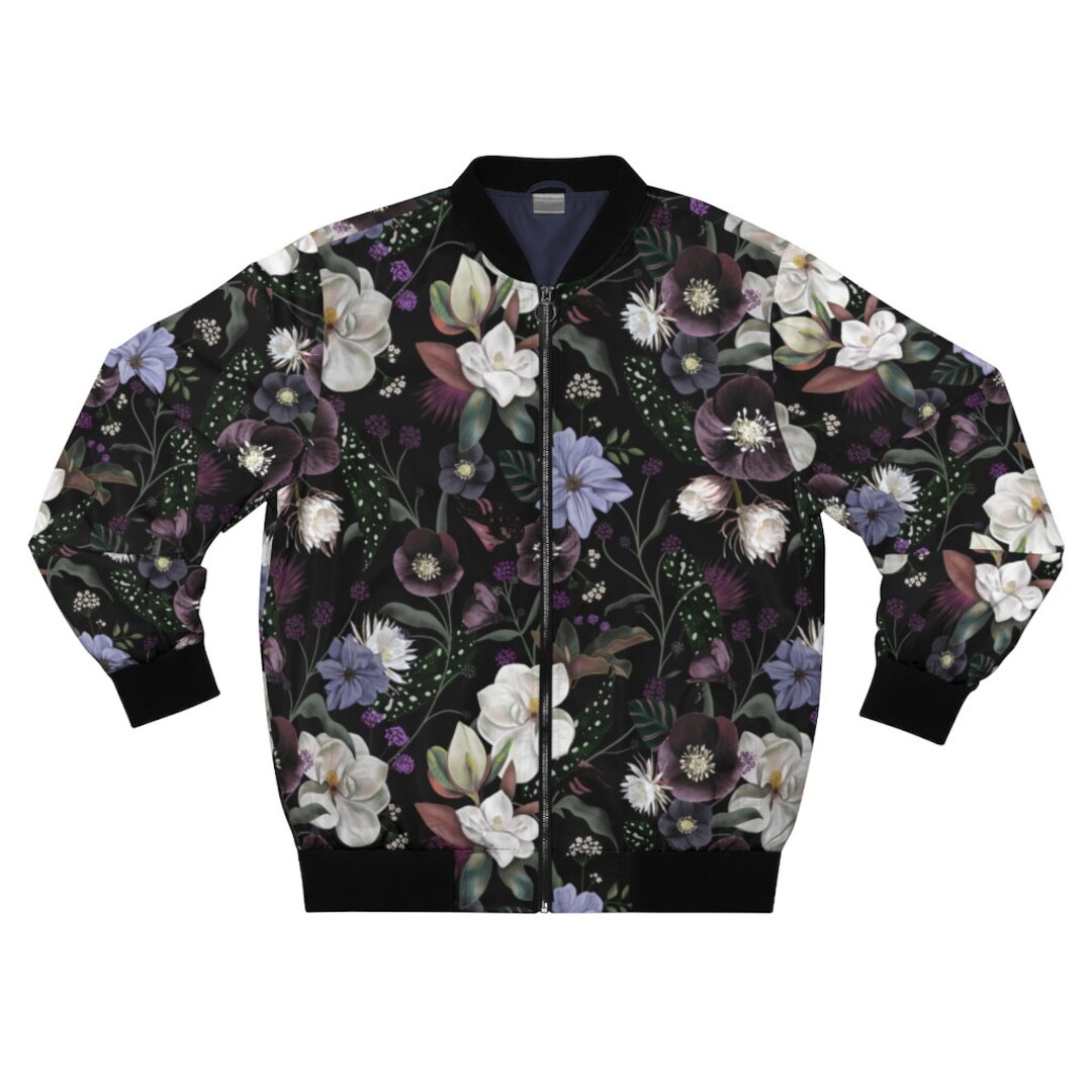 Black Floral Bomber Jacket Purple Flowers Eucalyptus Leaves Pattern ...