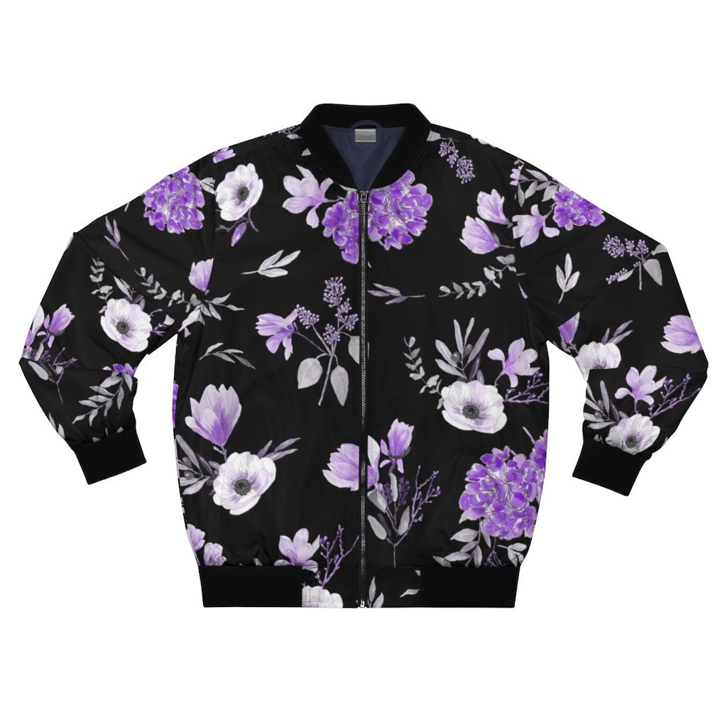 Black Floral Bomber Jacket Purple Flowers Eucalyptus Leaves Pattern ...
