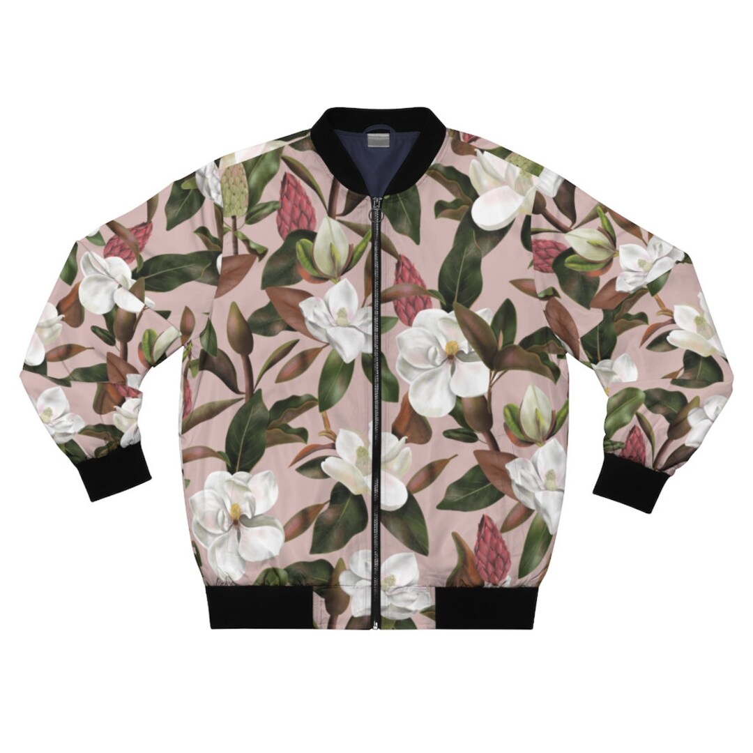 Pink Floral Bomber Jacket Flowers Watercolor Illustration Leaves Green ...