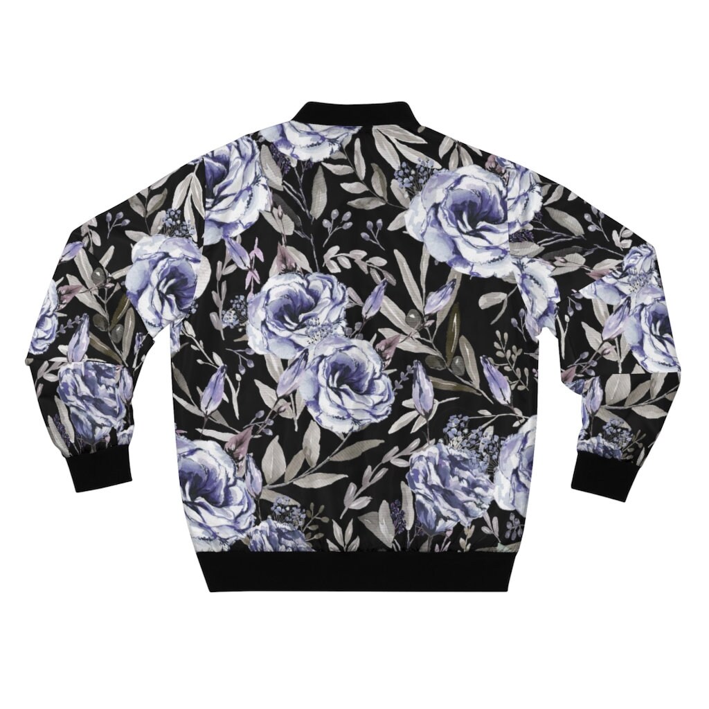 Black Floral Bomber Jacket Blue Flowers Eucalyptus Leaves Pattern ...