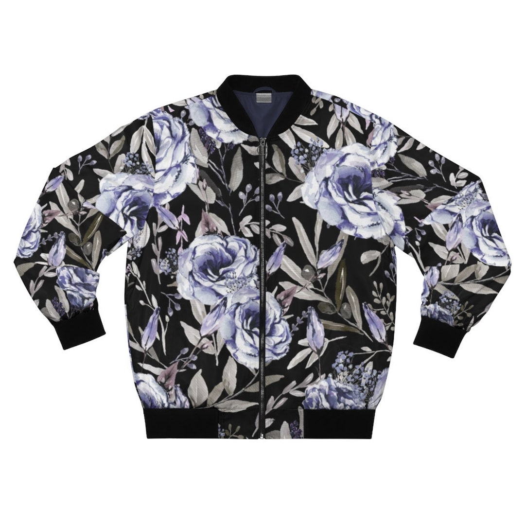 Black Floral Bomber Jacket Blue Flowers Eucalyptus Leaves Pattern ...