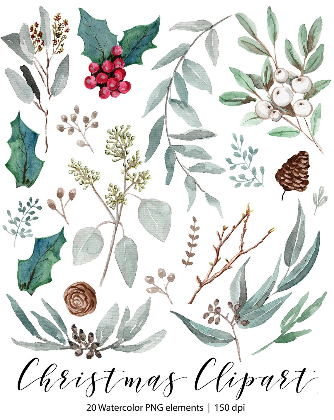 Christmas Watercolor Elements Set Clipart Holidays Illustration PNG ...