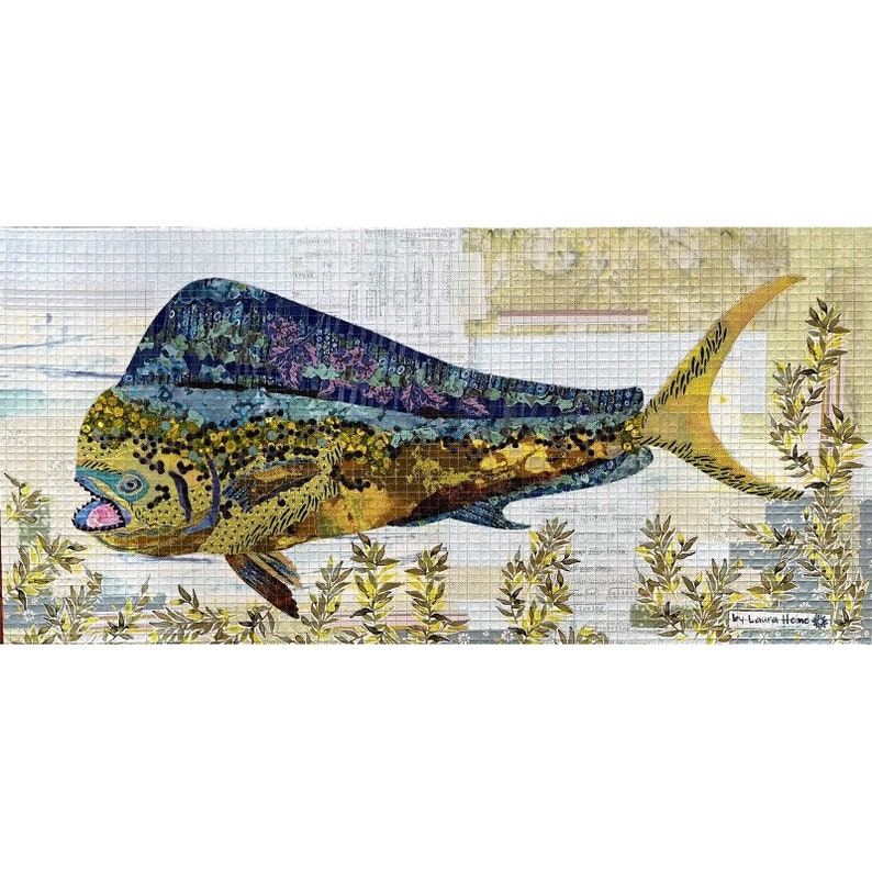 Dora-do Dorado Fish Collage Quilt - Laura Heine Fiberworks - 28" X 14 ...