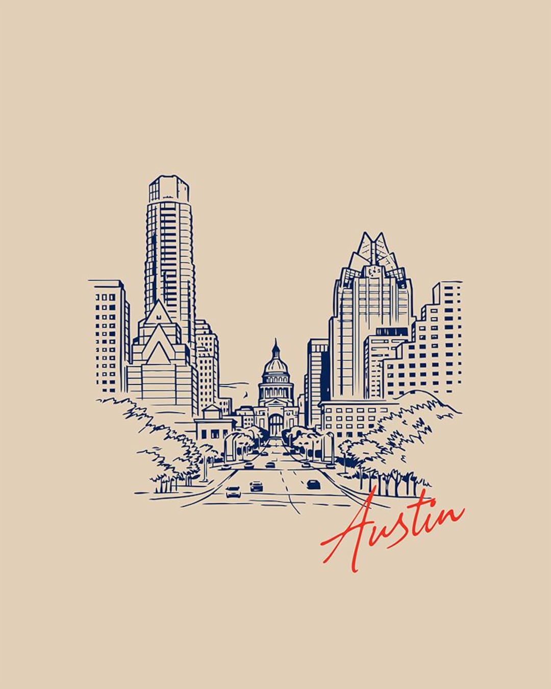 Austin Skyline Print, Minimal City Illustration Digital Download - Etsy