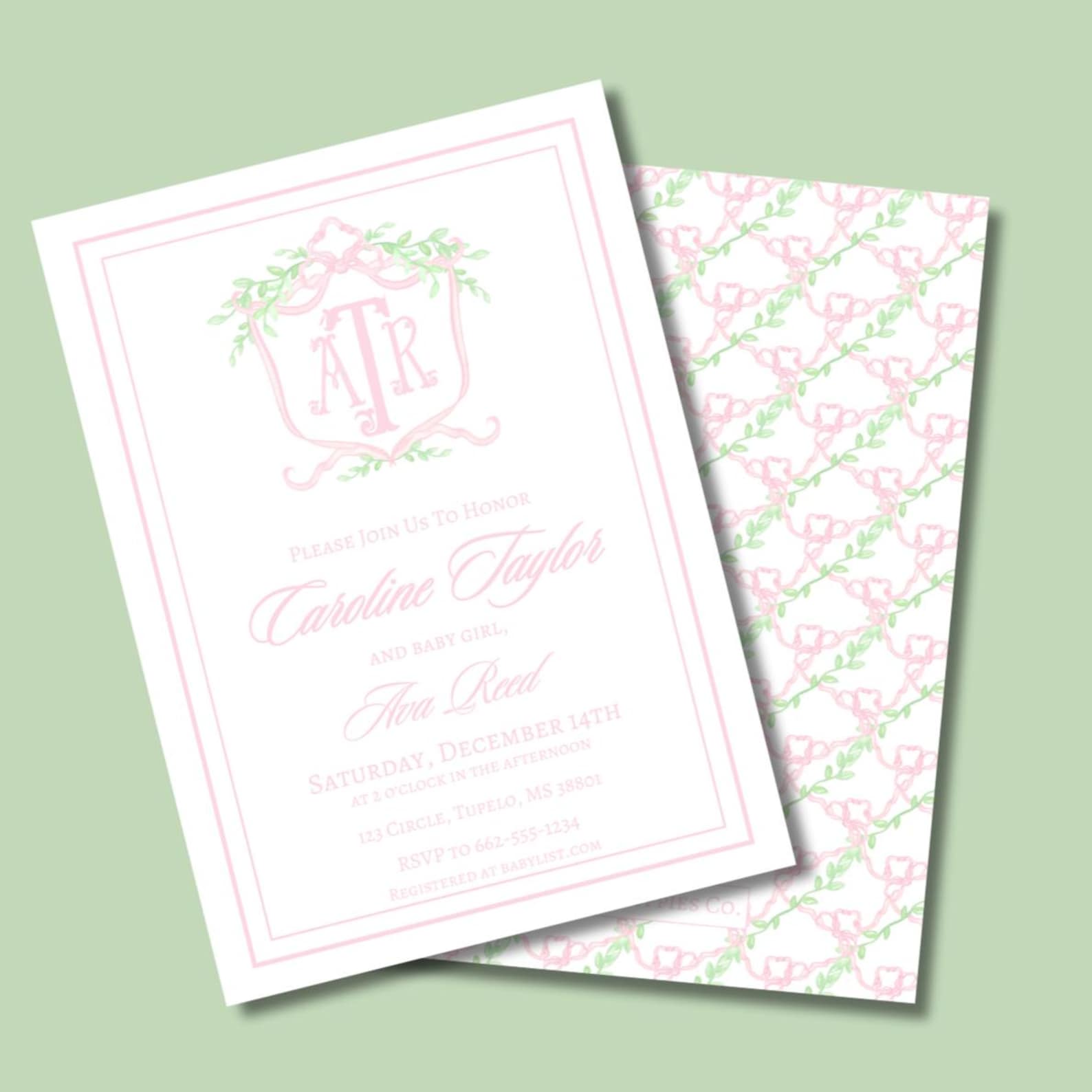 Personalized Baby Girl Pink Custom Crest Baby Shower Monogram Bow Grand ...