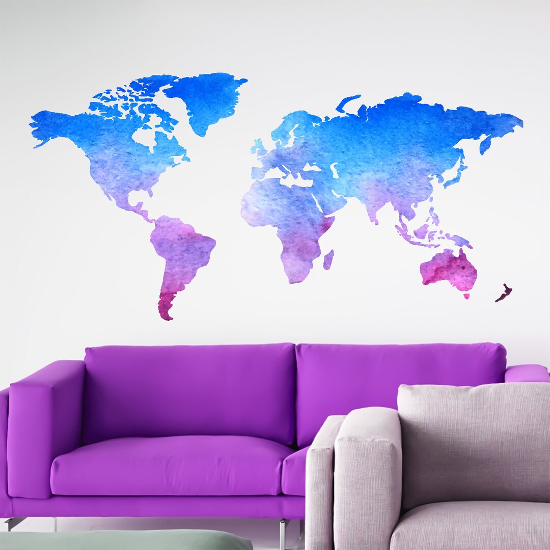 World Map Wall Art, World Map Decal, Full Color Decal, Map Sticker ...