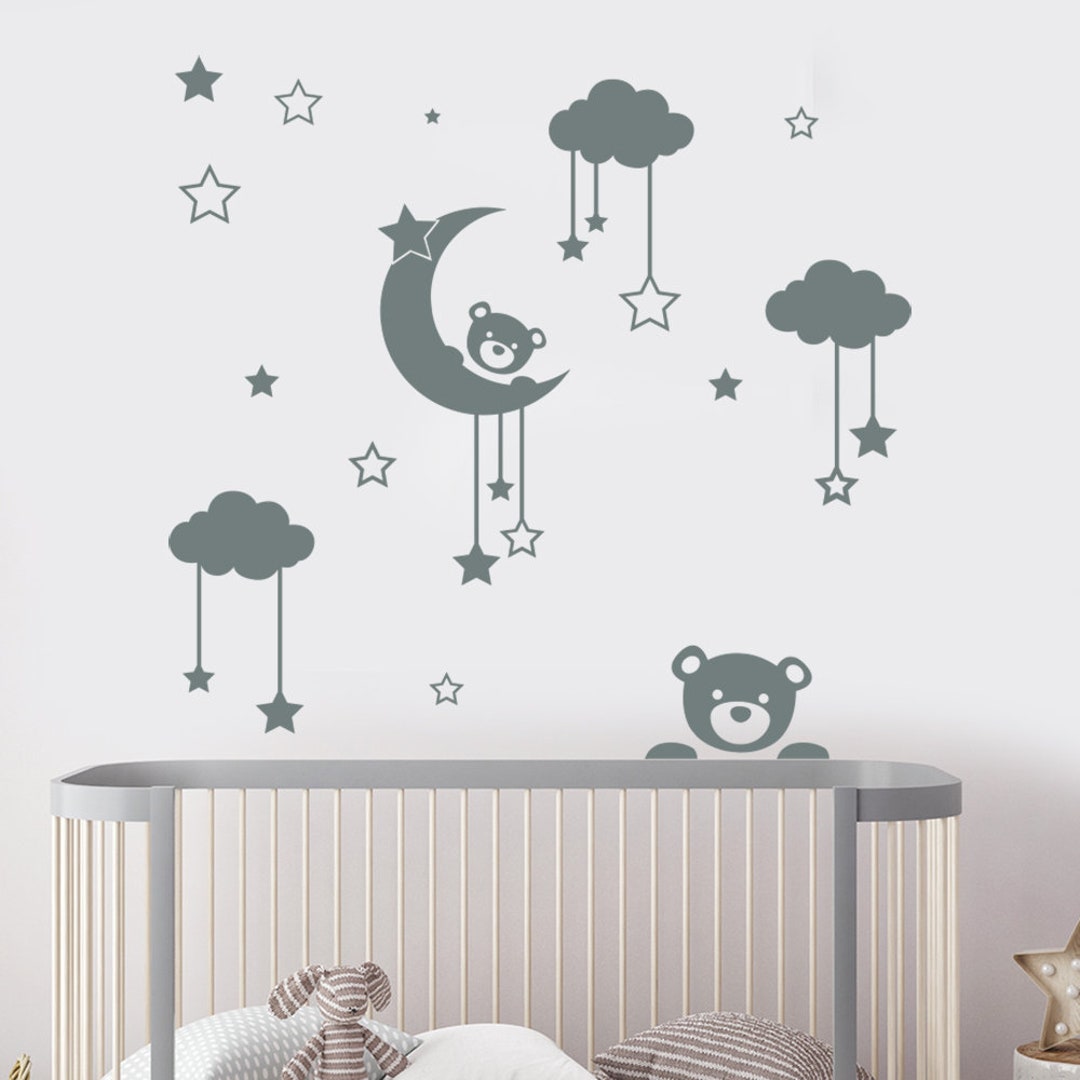 Wall Decal Teddy Bear - Cloud Stickers - Moon and Star Decal - Nursery ...