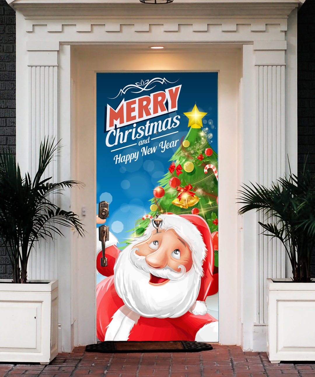 Merry Christmas Front Door Cover Entry Holiday Doors 3D Banner Santa ...