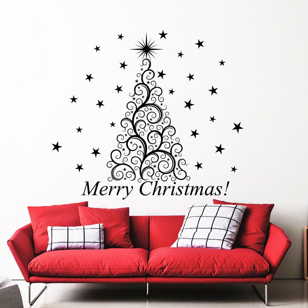 Merry Christmas Wall Decals Tree Decal Star Vinyl New Year Sticker ...