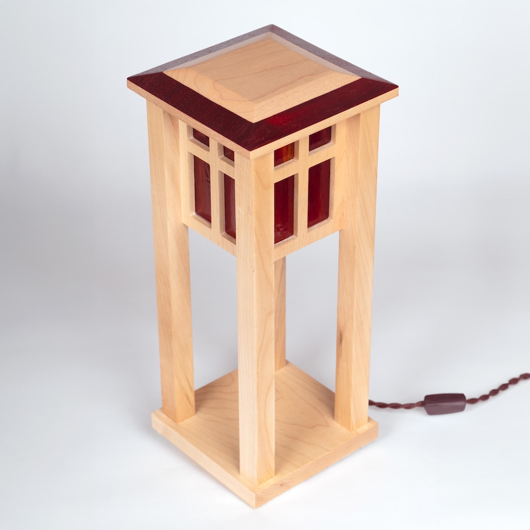 Mission Style Maple Table Lamp With Red Stained Glass and Bloodwood ...