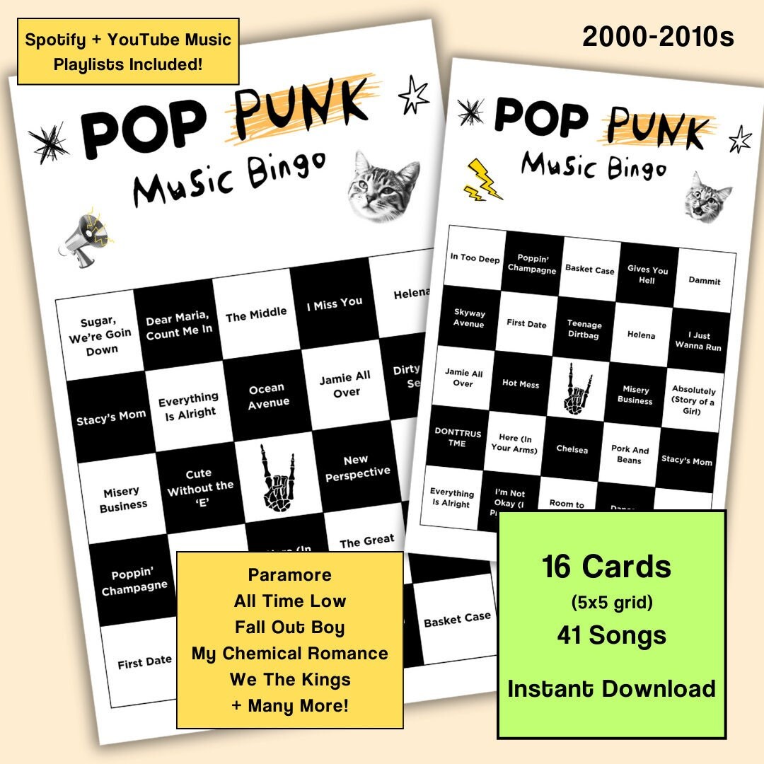 Pop Punk Music Bingo: 2000s Nostalgia Party Game (digital Download) - Etsy